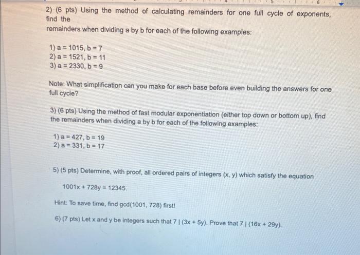 Solved 2) (6 pts) Using the method of calculating remainders | Chegg.com