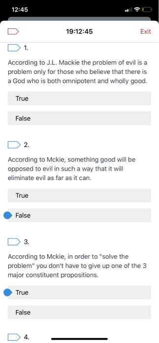 Solved 12:45 19:12:45 Exit 1. According to J.L. Mackie the | Chegg.com