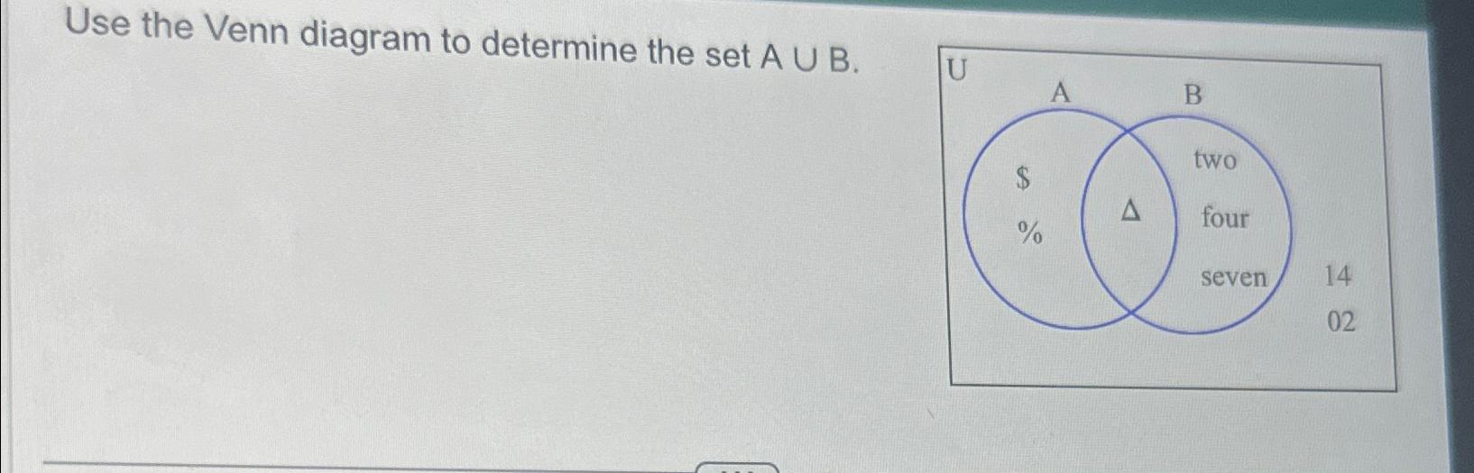 Solved Use the Venn diagram to determine the set A∪B. | Chegg.com