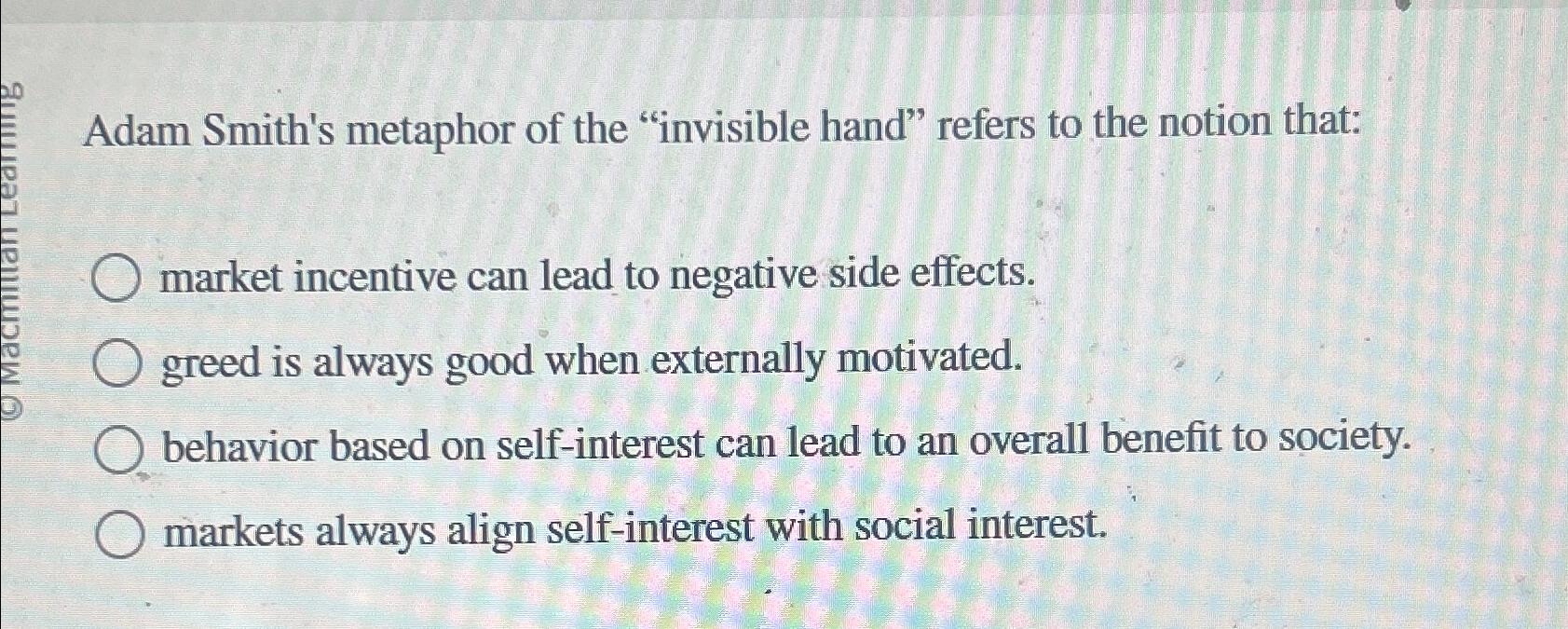 Solved Adam Smith's metaphor of the "invisible hand" refers | Chegg.com