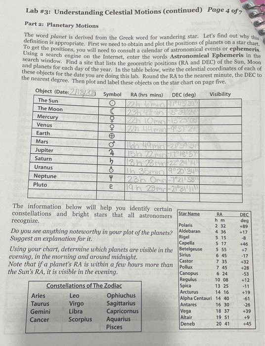 Lab #3: Understanding Celestial Motions (continued) | Chegg.com