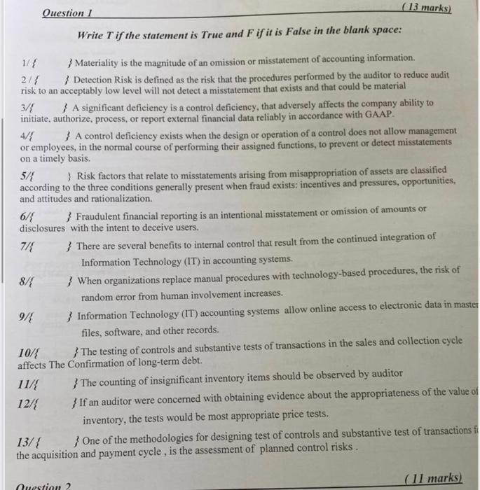 Solved Ouestion I Write T if the statement is True and F if | Chegg.com