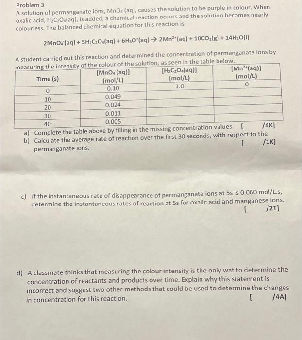Solved Problem 3 A solution of permanganate ions, MnO2 (aq), | Chegg.com