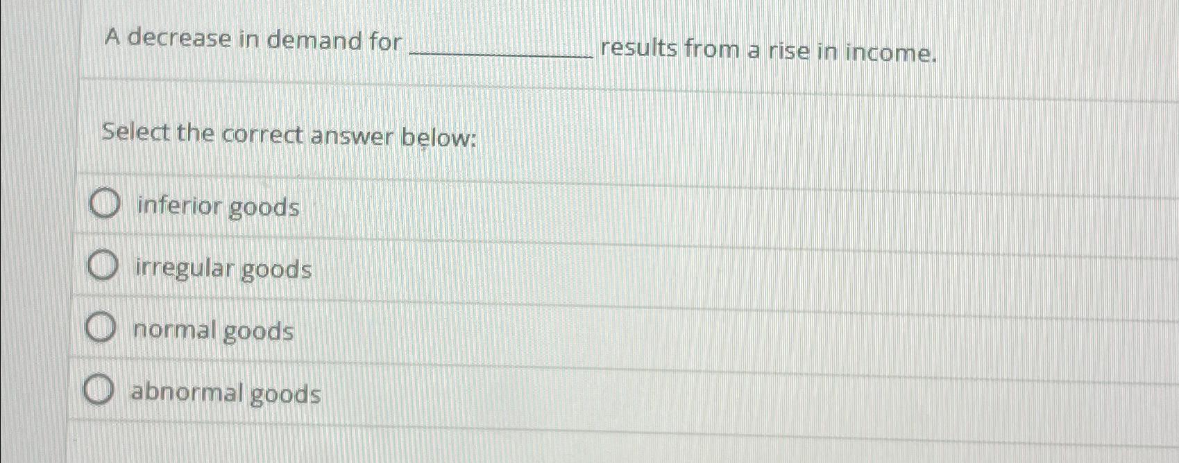 Solved A decrease in demand for results from a rise in | Chegg.com