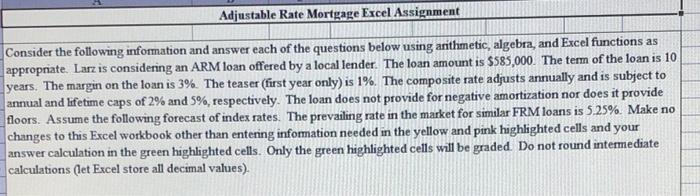 Solved Adjustable Rate Mortgage Excel Assignment Consider | Chegg.com