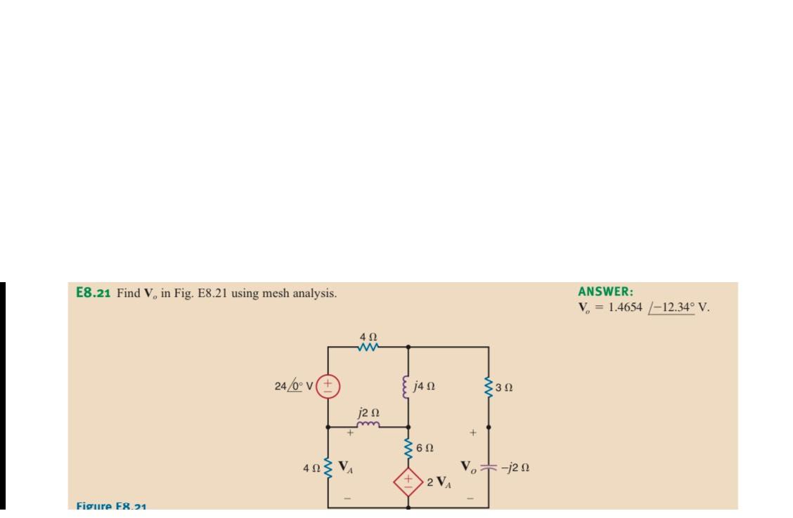 Solved E8.21 ﻿Find Vo ﻿in Fig. E8.21 ﻿using mesh | Chegg.com