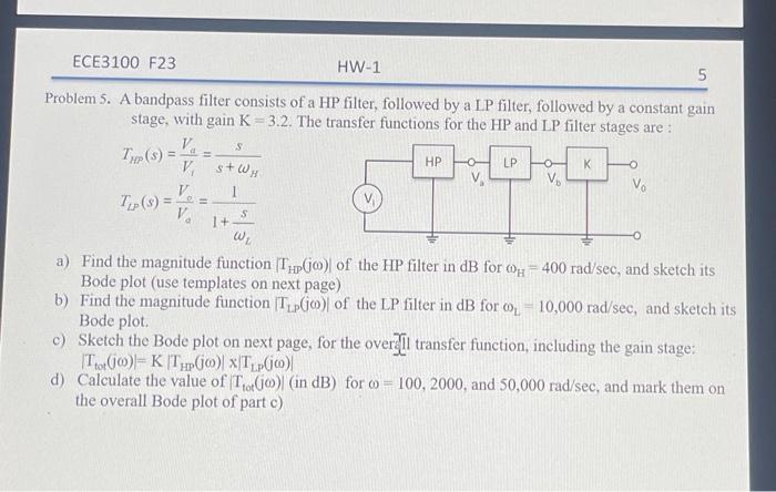Solved Problem 5. A bandpass filter consists of a HP filter, | Chegg.com