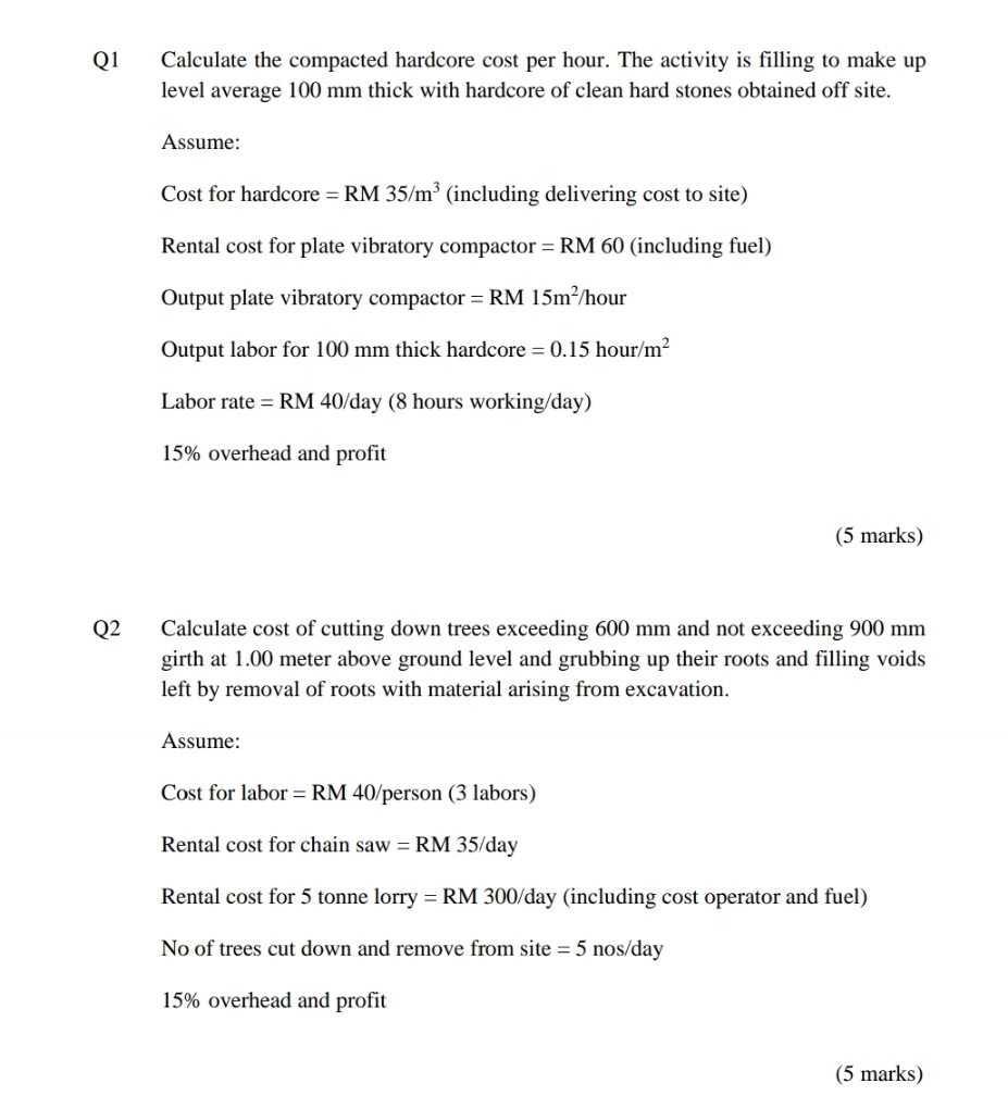 Q1 ﻿Calculate the compacted hardcore cost per hour. | Chegg.com