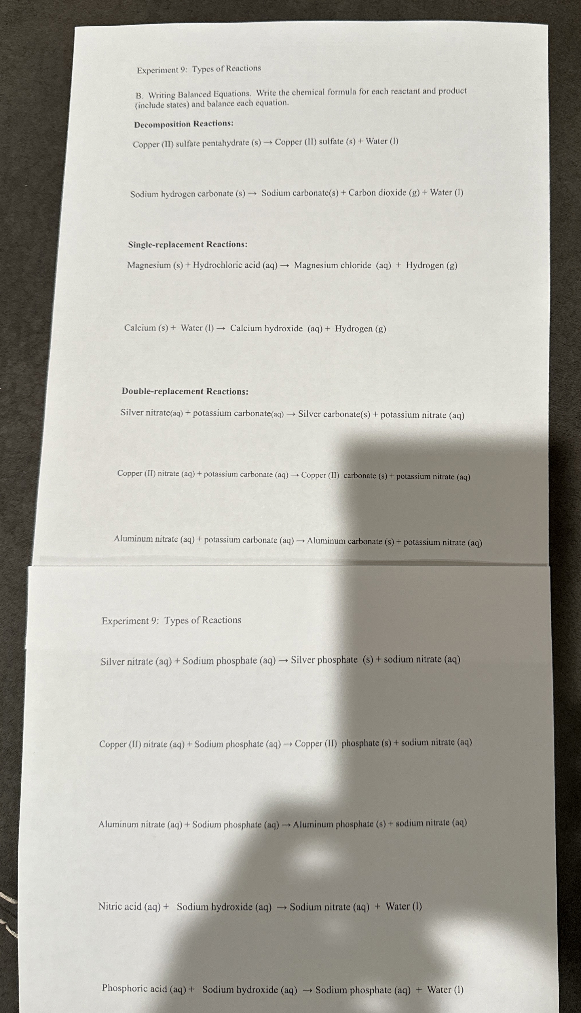 Solved Experiment 9: Types of ReactionsB. ﻿Writing Balanced | Chegg.com
