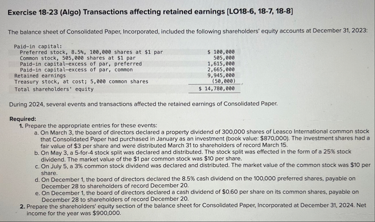 Solved Exercise 18-23 (Algo) ﻿Transactions affecting | Chegg.com