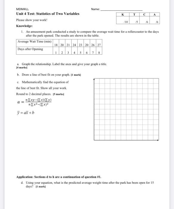 Solved Name: K T с A /10 15 16 16 MDM4U Unit 4 Test: | Chegg.com