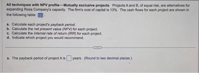 Solved All techniques with NPV profile-Mutually exclusive | Chegg.com