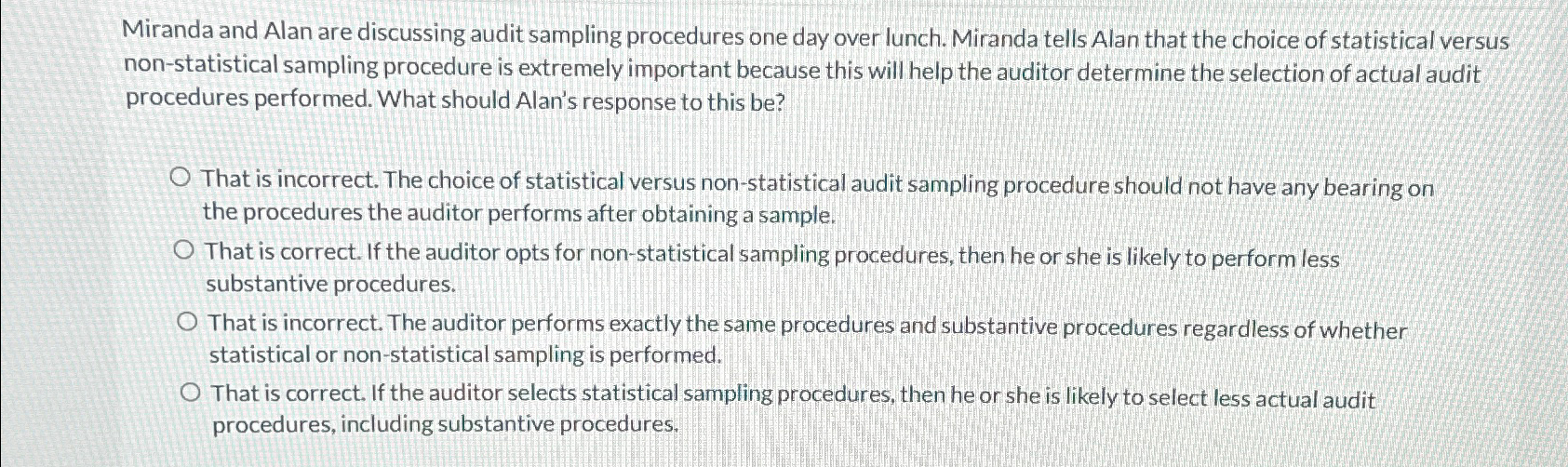Solved Miranda and Alan are discussing audit sampling | Chegg.com