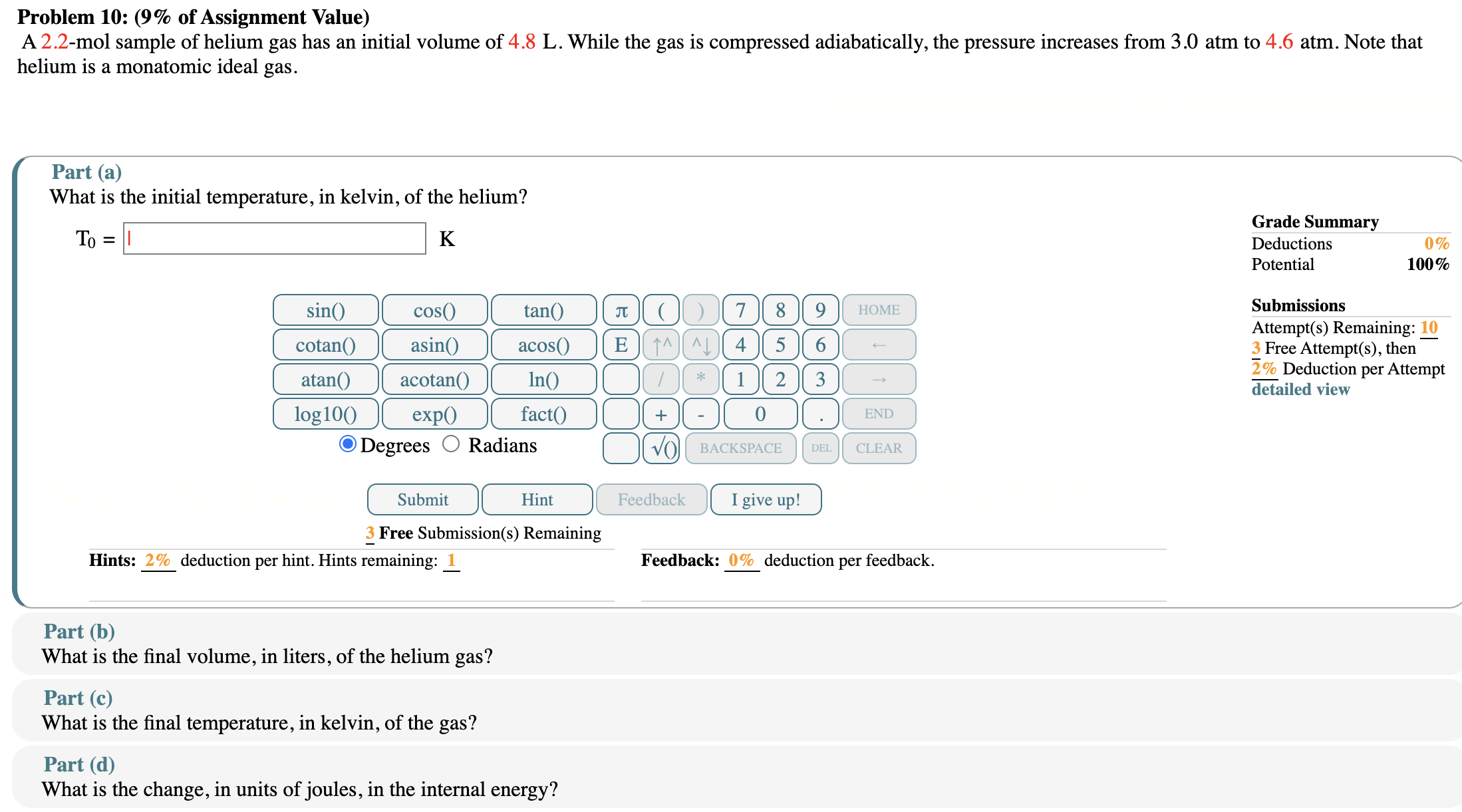 Solved Problem 10: (9\% ﻿of Assignment Value) ﻿A 2.2-mol | Chegg.com
