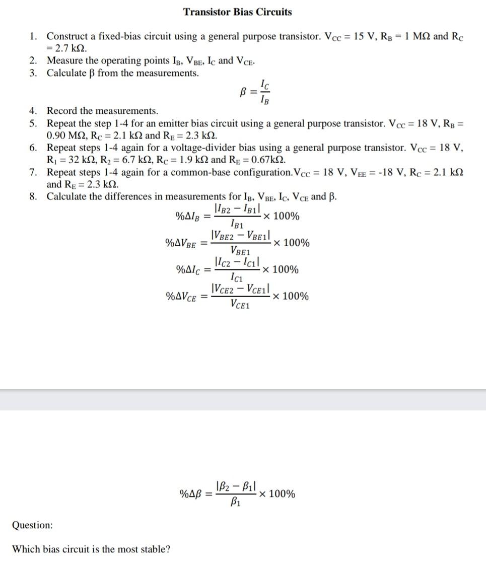 Solved Transistor Bias Circuits 1. Construct a fixed-bias | Chegg.com