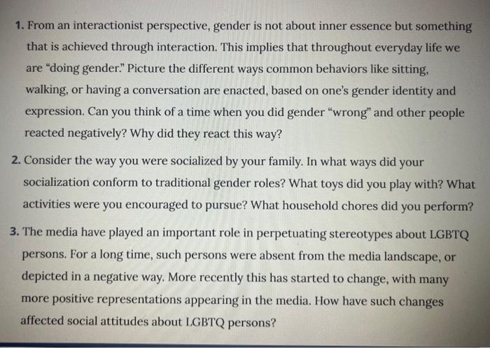 Solved 1. From an interactionist perspective, gender is not | Chegg.com