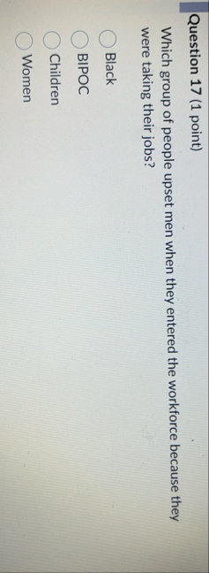 Solved Question 17 (1 ﻿point)Which group of people upset men | Chegg.com