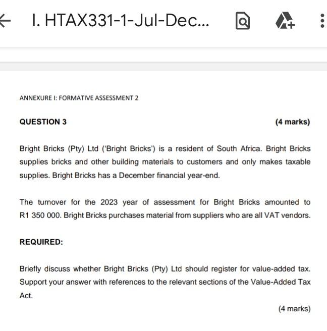 Solved ANNEXURE I: FORMATIVE ASSESSMENT 2 QUESTION 3 (4 | Chegg.com