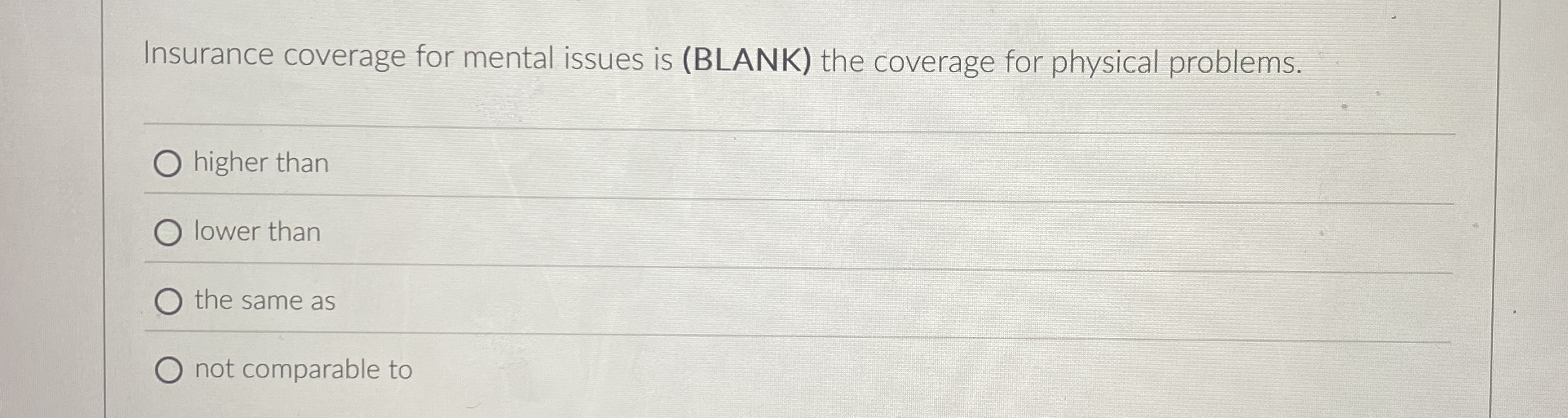 Solved Insurance coverage for mental issues is (BLANK) ﻿the | Chegg.com