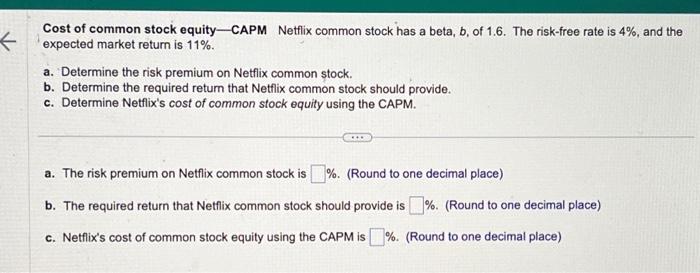Solved Cost of common stock equity-CAPM Netflix common stock | Chegg.com