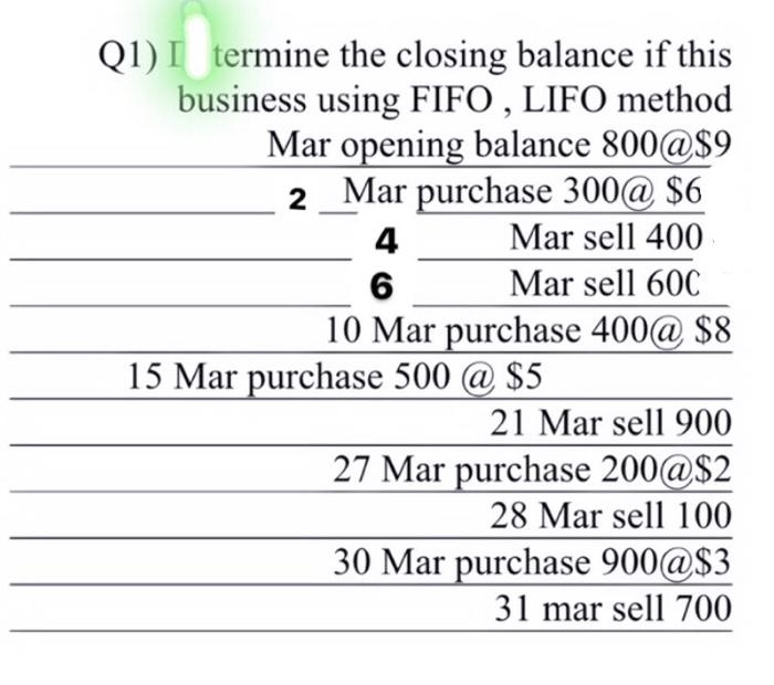 Solved Q1)I termine the closing balance if this business | Chegg.com