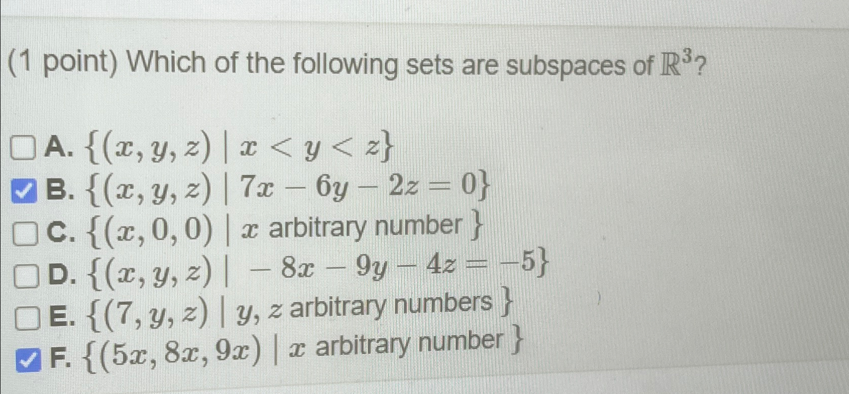 Solved (1 point) Which of the following sets are subspaces | Chegg.com Solved (1 point) Which of the following sets are subspaces | Chegg.com