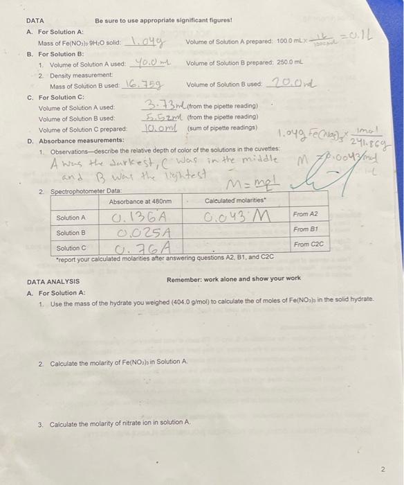 Solved DATA Be sure to use appropriate significant figures! | Chegg.com