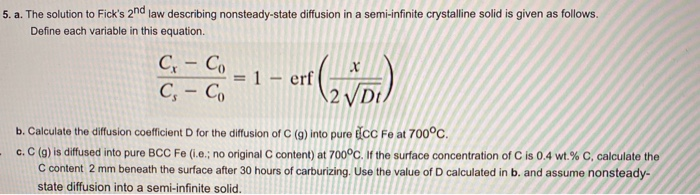 Solved 5. a. The solution to Fick's 2nd law describing | Chegg.com