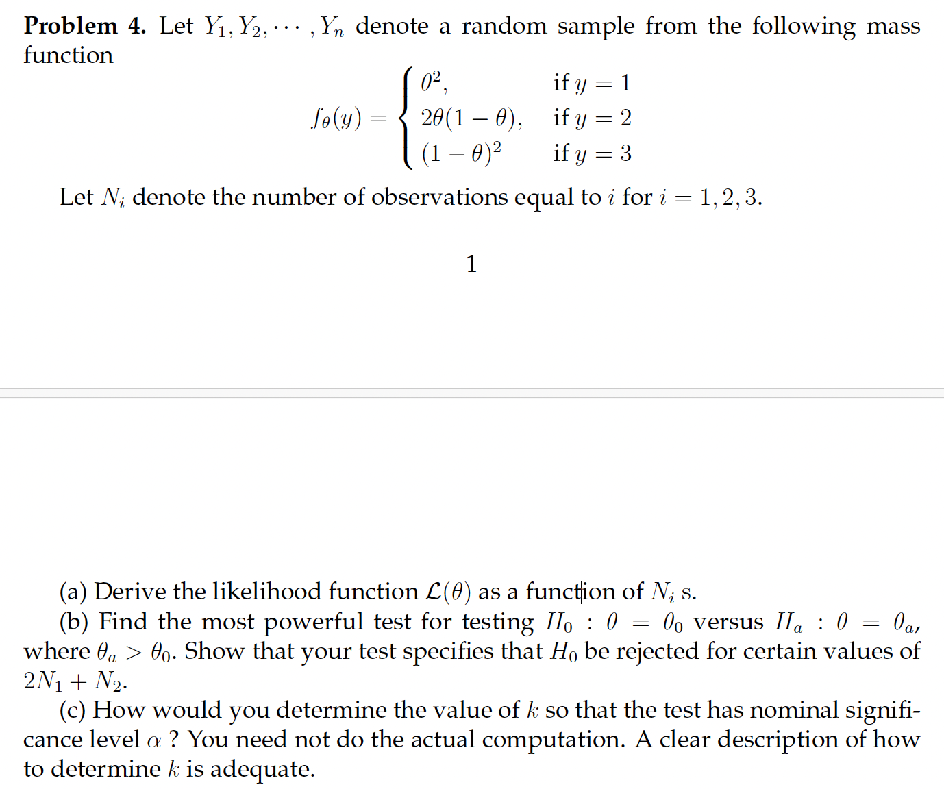 Solved Problem 4. ﻿Let Y1,Y2,cdots,Yn ﻿denote a random | Chegg.com