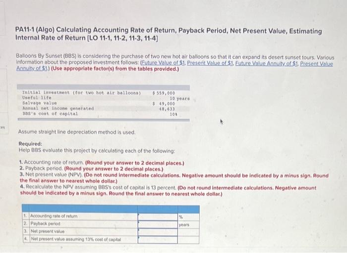 Solved PA11-1 (Algo) Calculating Accounting Rate of Return, | Chegg.com