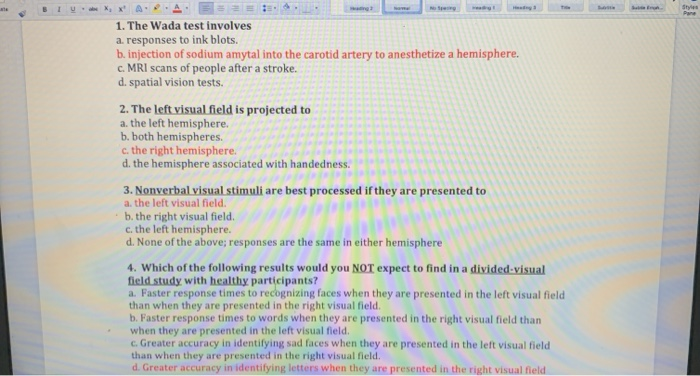 Solved 1. The Wada test involves a responses to ink blots. | Chegg.com