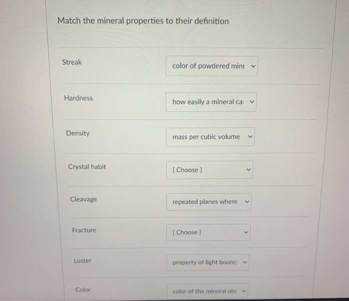 Solved Match the mineral properties to their definition | Chegg.com