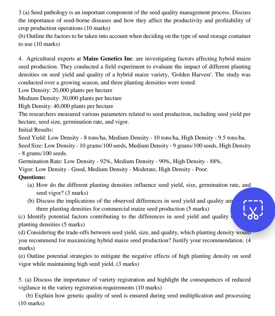 Solved 3 (a) ﻿Seed pathology is an important component of | Chegg.com
