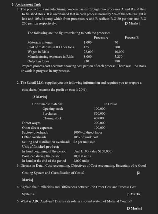 Solved 3. Assignment Task 1. The product of a manufacturing | Chegg.com
