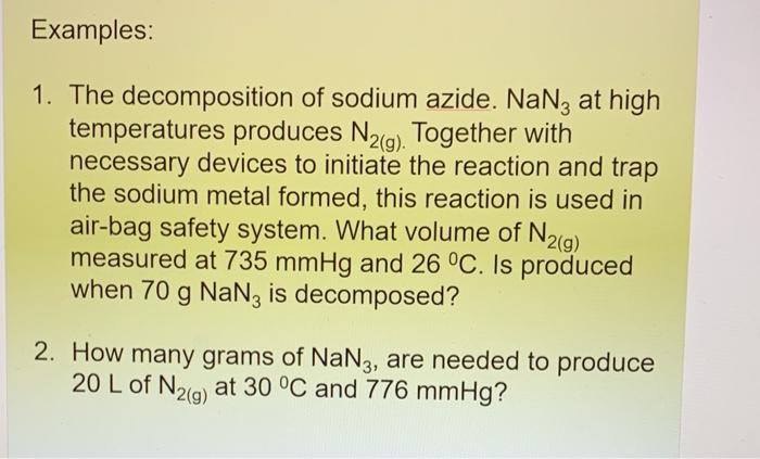 Solved Examples: 1. The decomposition of sodium azide. NaNg | Chegg.com