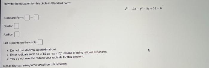 Solved Rewrite the equation for this circle in Standard Form | Chegg.com
