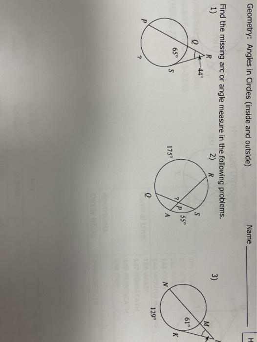 Solved Geometry: Angles in Circles inside and outside) Name | Chegg.com