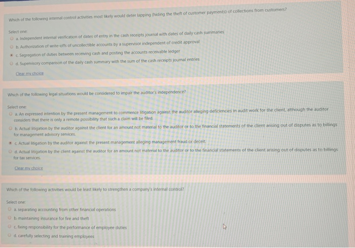 Solved Which of the following internal control activities | Chegg.com
