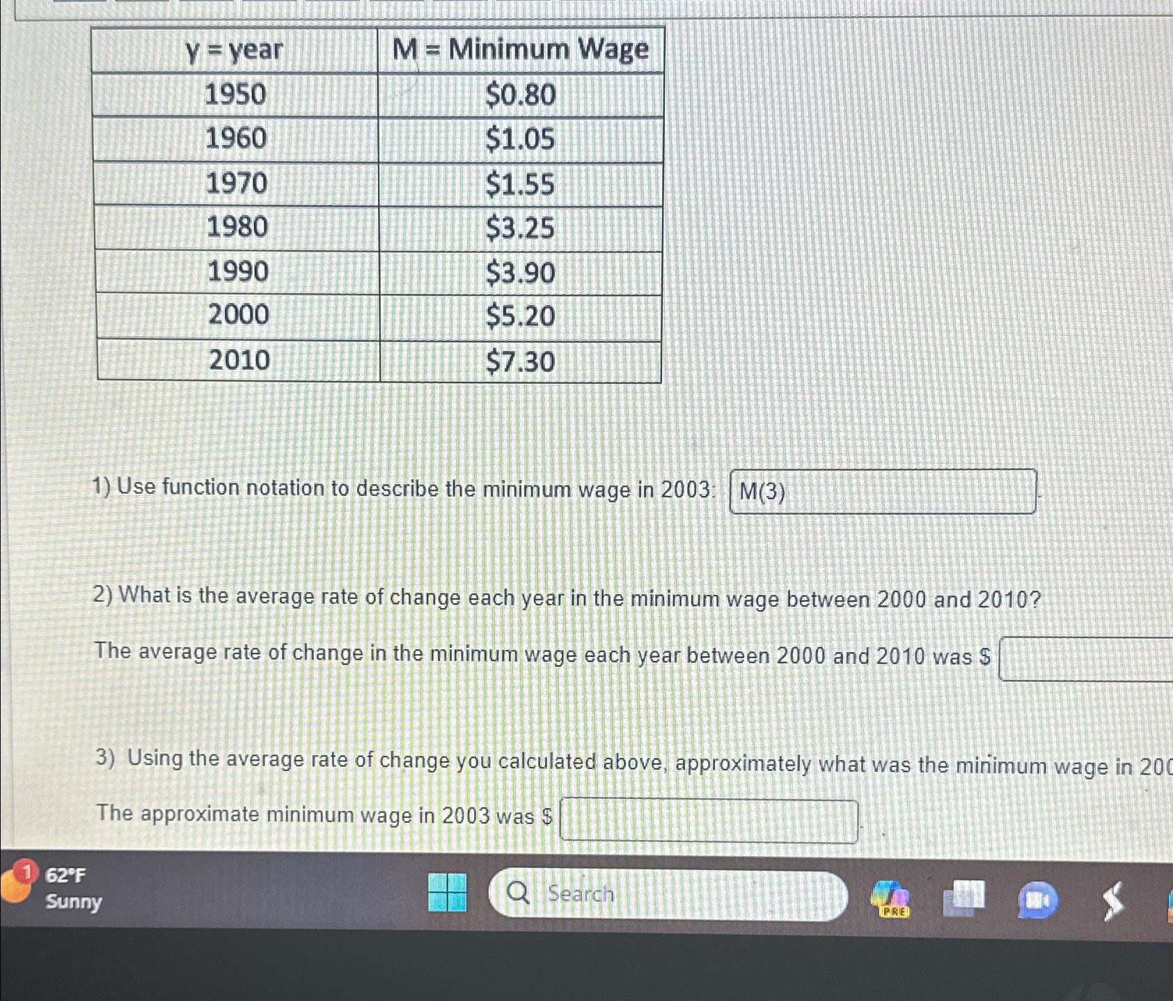 Solved \table[[y= ﻿year,M= ﻿Minimum Wage],[1950,$0.80 | Chegg.com