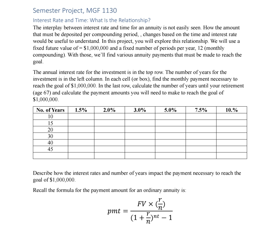 Solved Semester Project, MGF 1130Interest Rate and Time: | Chegg.com