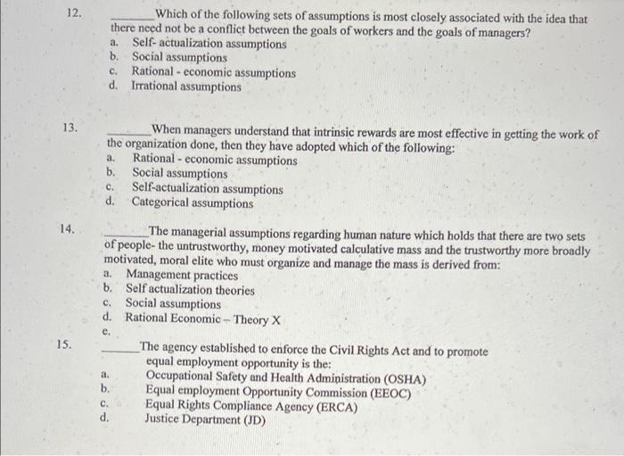 Solved 12. a. Which of the following sets of assumptions is | Chegg.com