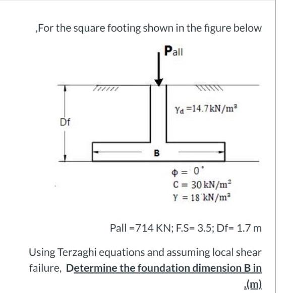 Solved For the square footing shown in the figure below Pall | Chegg.com