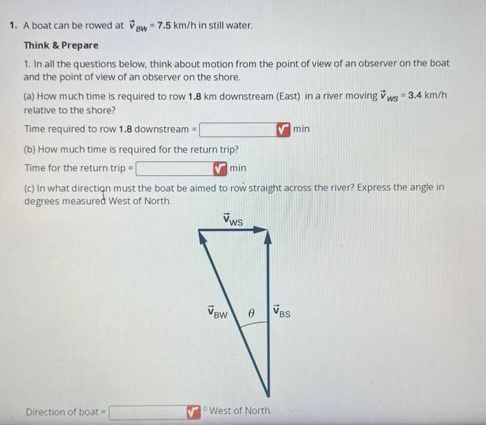 Solved 1. A boat can be rowed at vBW=7.5 km/h in still | Chegg.com