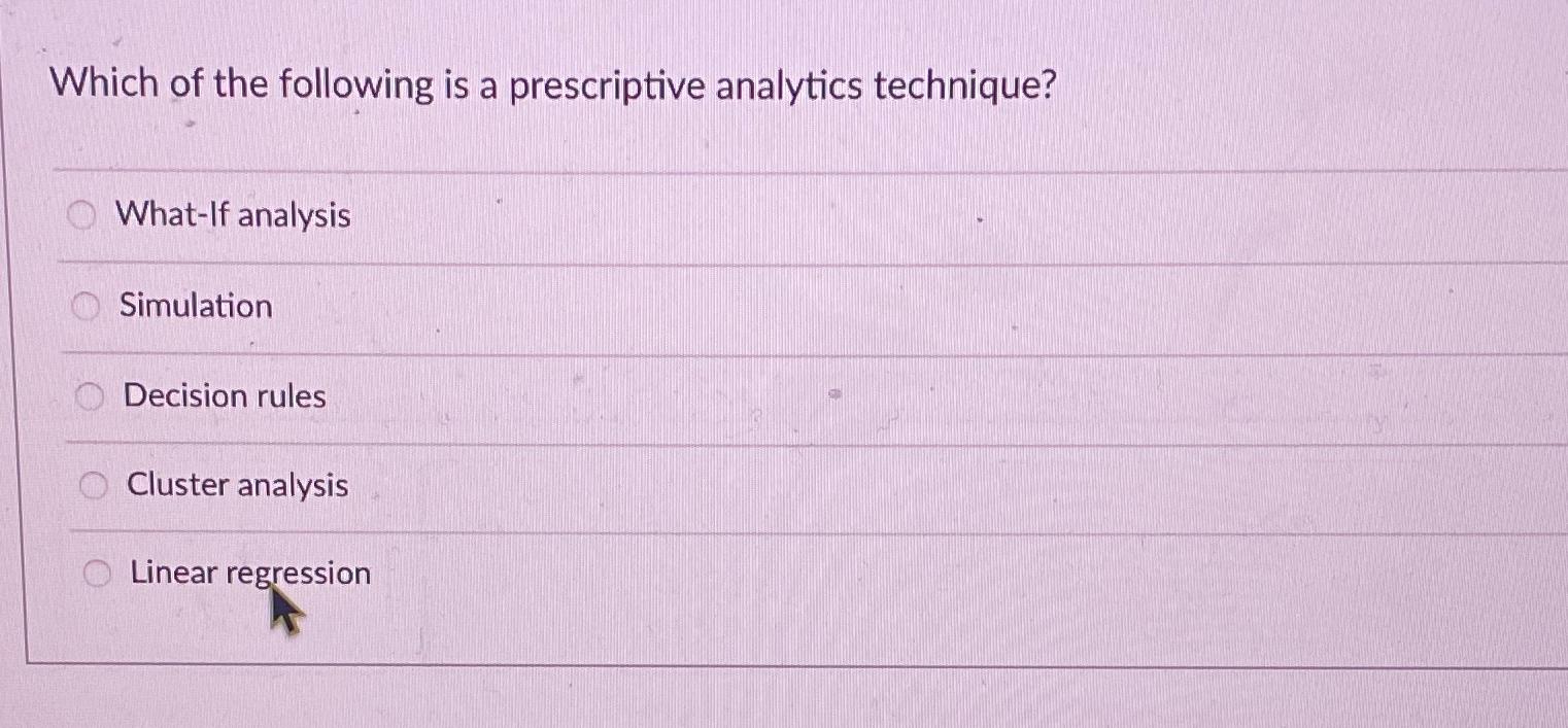 Solved Which of the following is a prescriptive analytics | Chegg.com
