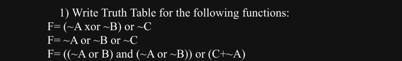 Solved Write Truth Table for the following functions:F=(∼A | Chegg.com