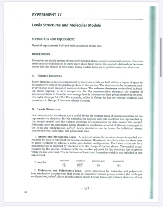 Solved EXPERIMENT 17 Lewis Structures and Molecular Models | Chegg.com