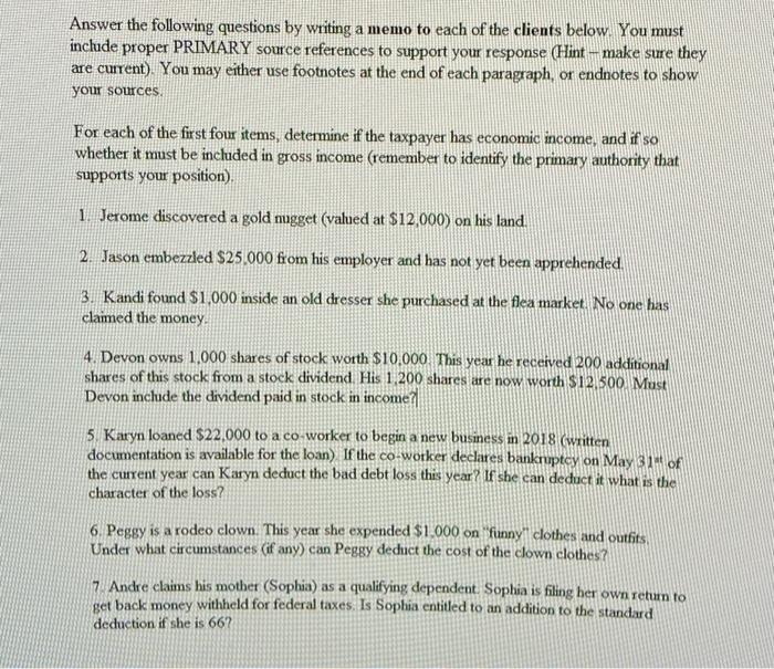 Solved Answer the following questions by writing a memo to | Chegg.com