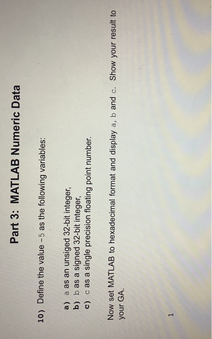 Solved Part 3 Matlab Numeric Data 10 Define The Value 5 5507