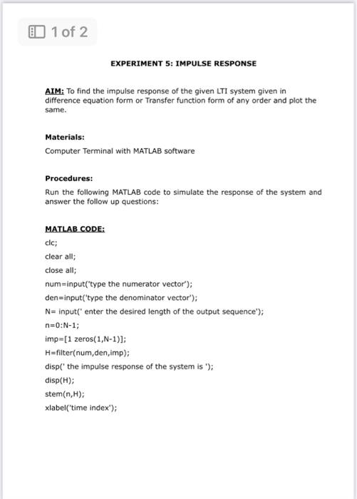 Solved EXPERIMENT 5: IMPULSE RESPONSE AIM: To find the | Chegg.com