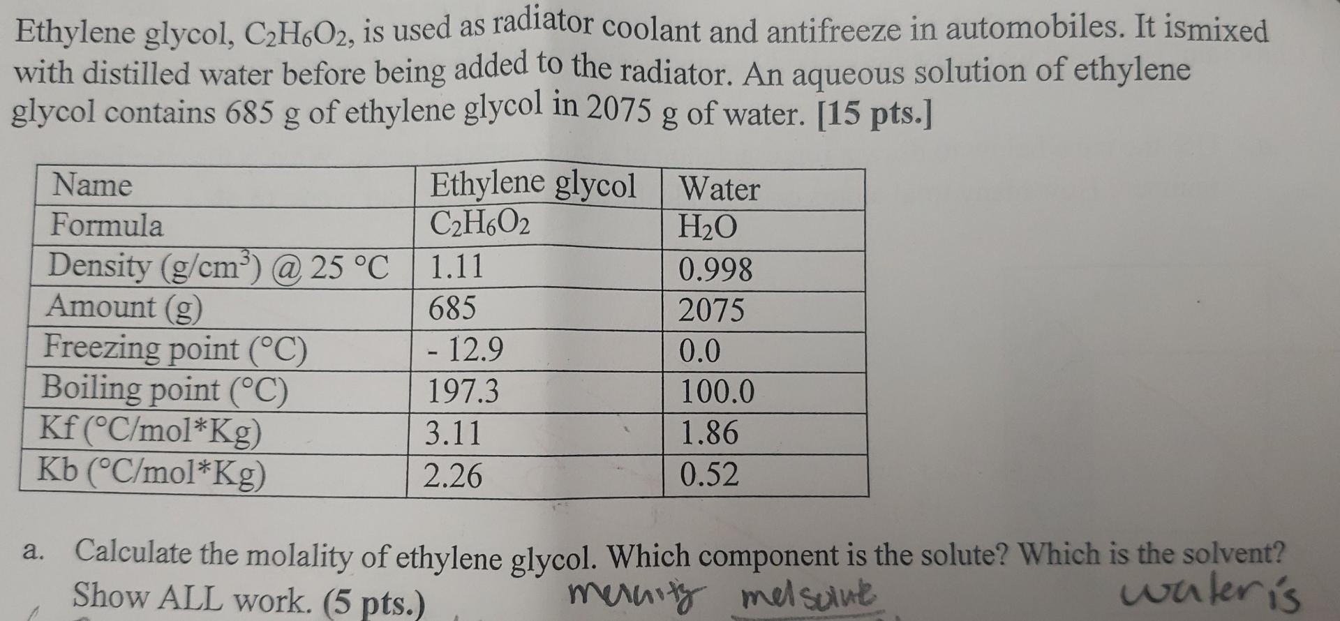 Solved Ethylene glycol, C2H602, is used as radiator coolant | Chegg.com